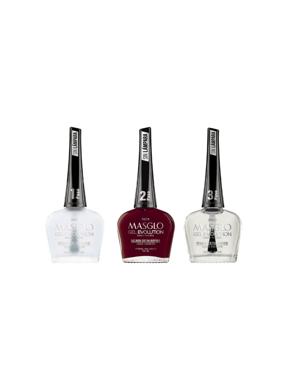 Kit Masglo Gel Evolution 3 Pasos Base + Color FIESTA + Brillo Secado E ...